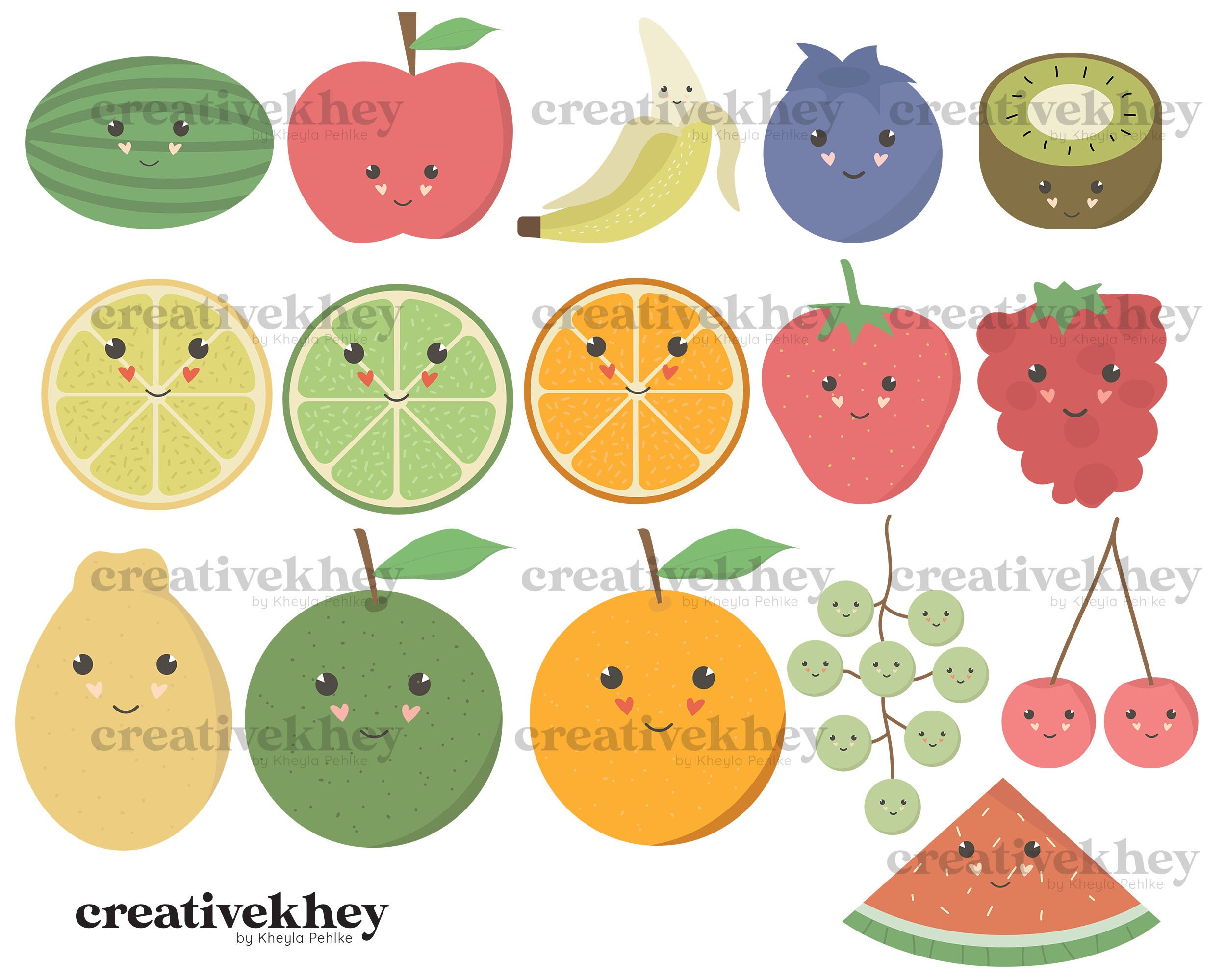 Cute Fruit Clipart, Kawaii Fruit Clipart, Fruit PNG, Watermelon Clipart ...