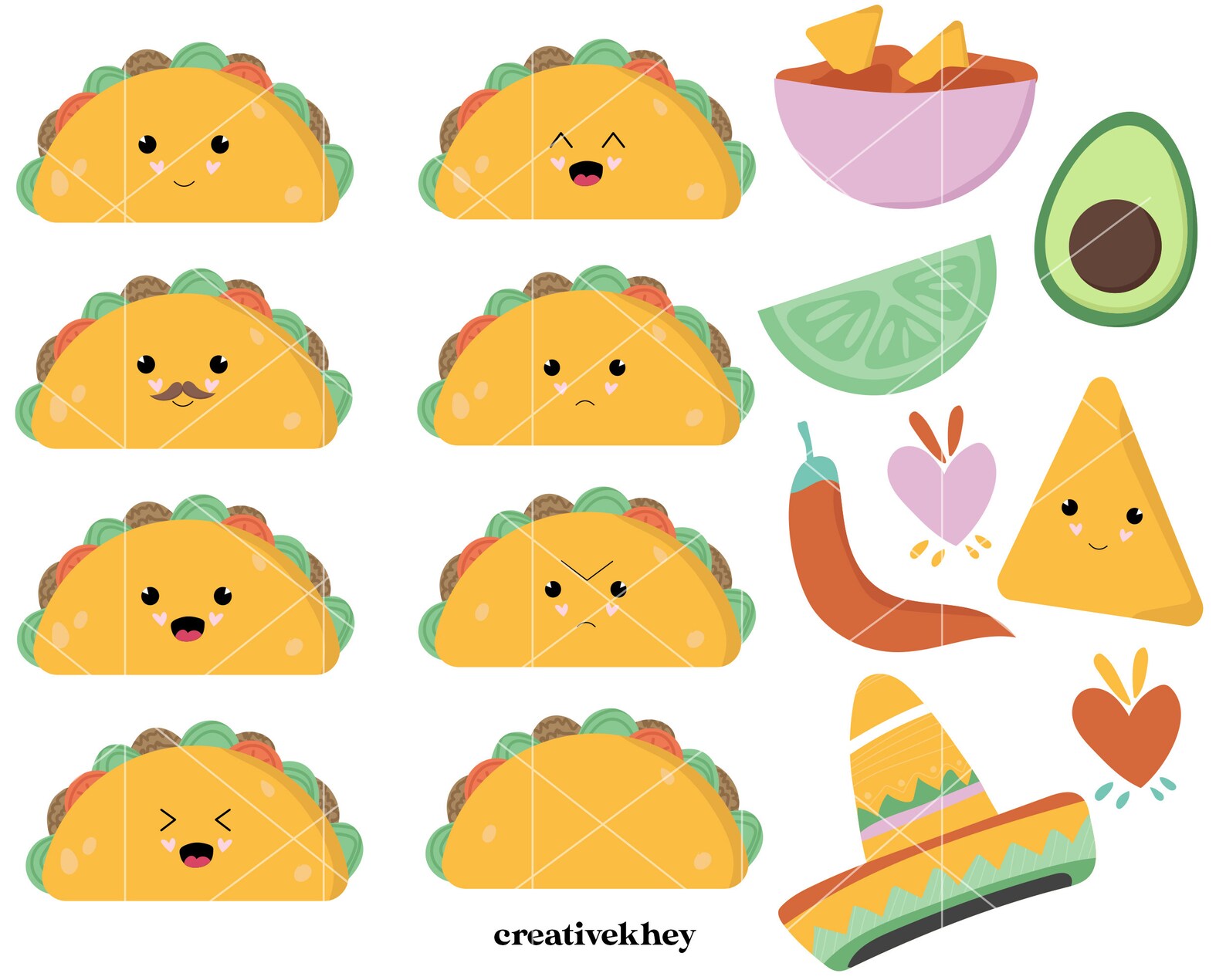 Kawaii Taco Clipart, Cute Tacos Clipart, Kawaii Food - Etsy