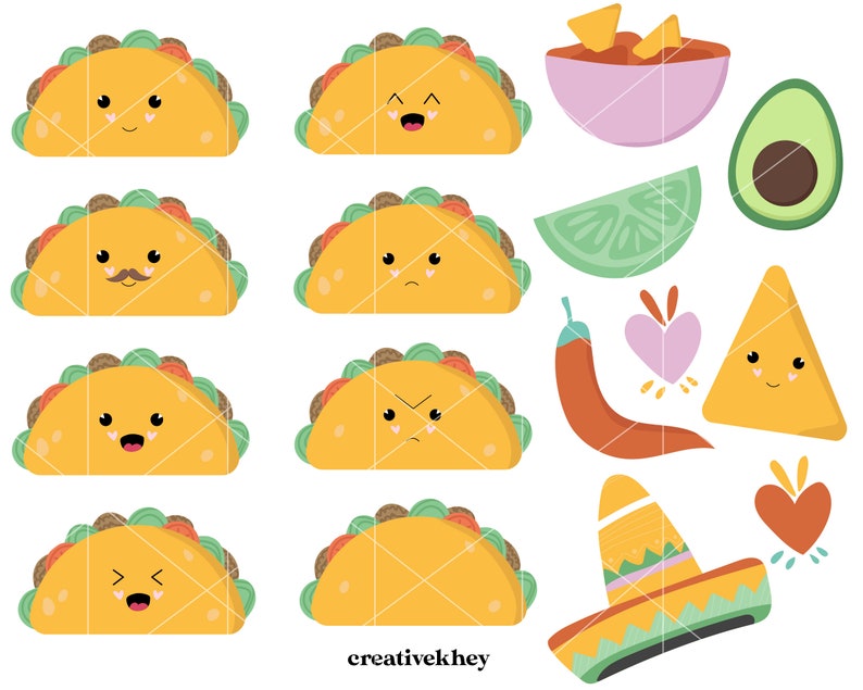Kawaii Taco Clipart Cute Tacos Clipart Kawaii Food Etsy
