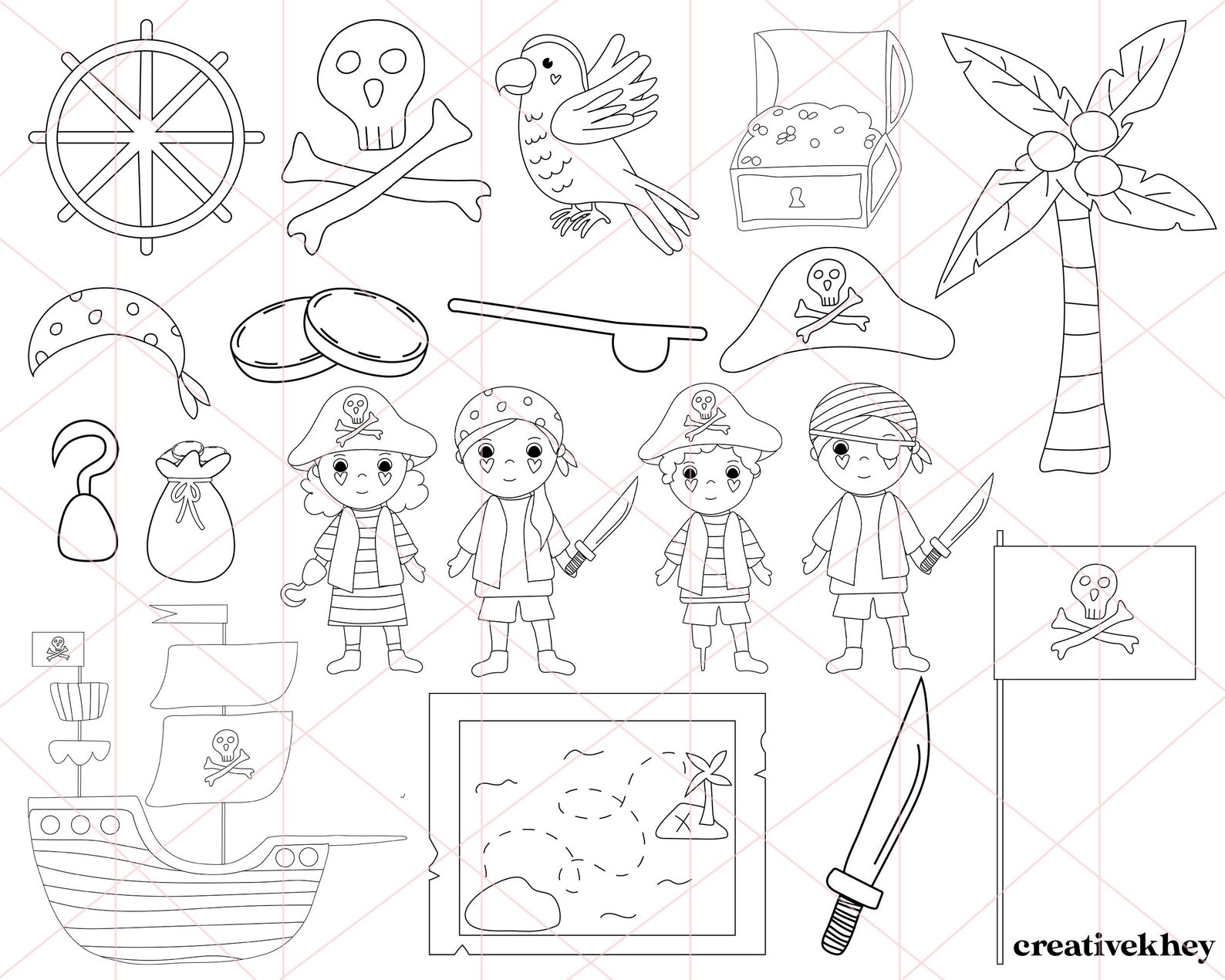 Pirates Black and White Clipart, Cute Pirates Clipart, Pirate Party ...