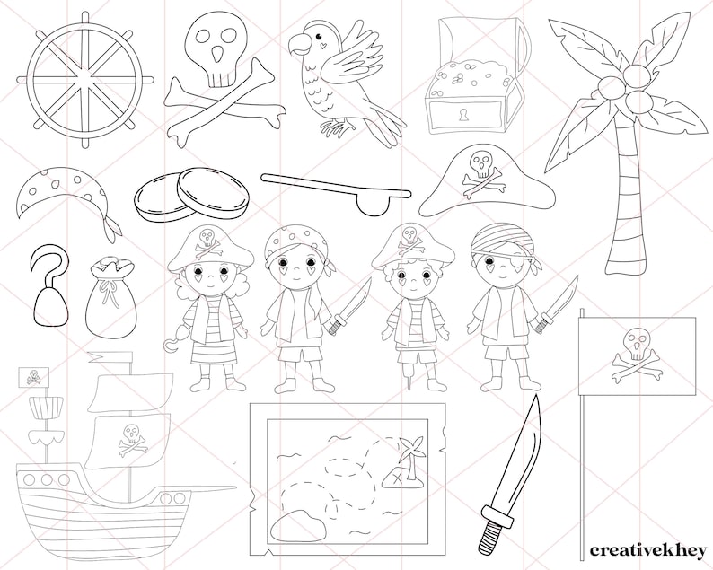 Pirates Black and White Clipart, Cute Pirates Clipart, Pirate Party ...