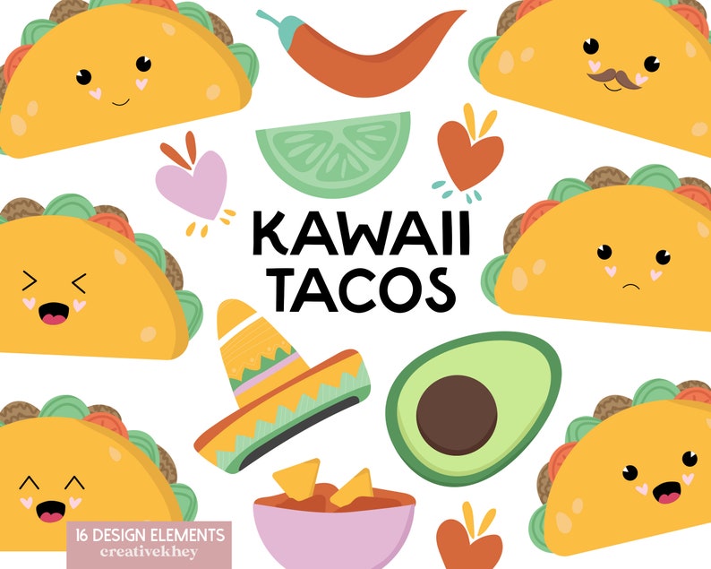Kawaii Taco Clipart, Cute Tacos Clipart, Kawaii Food - Etsy