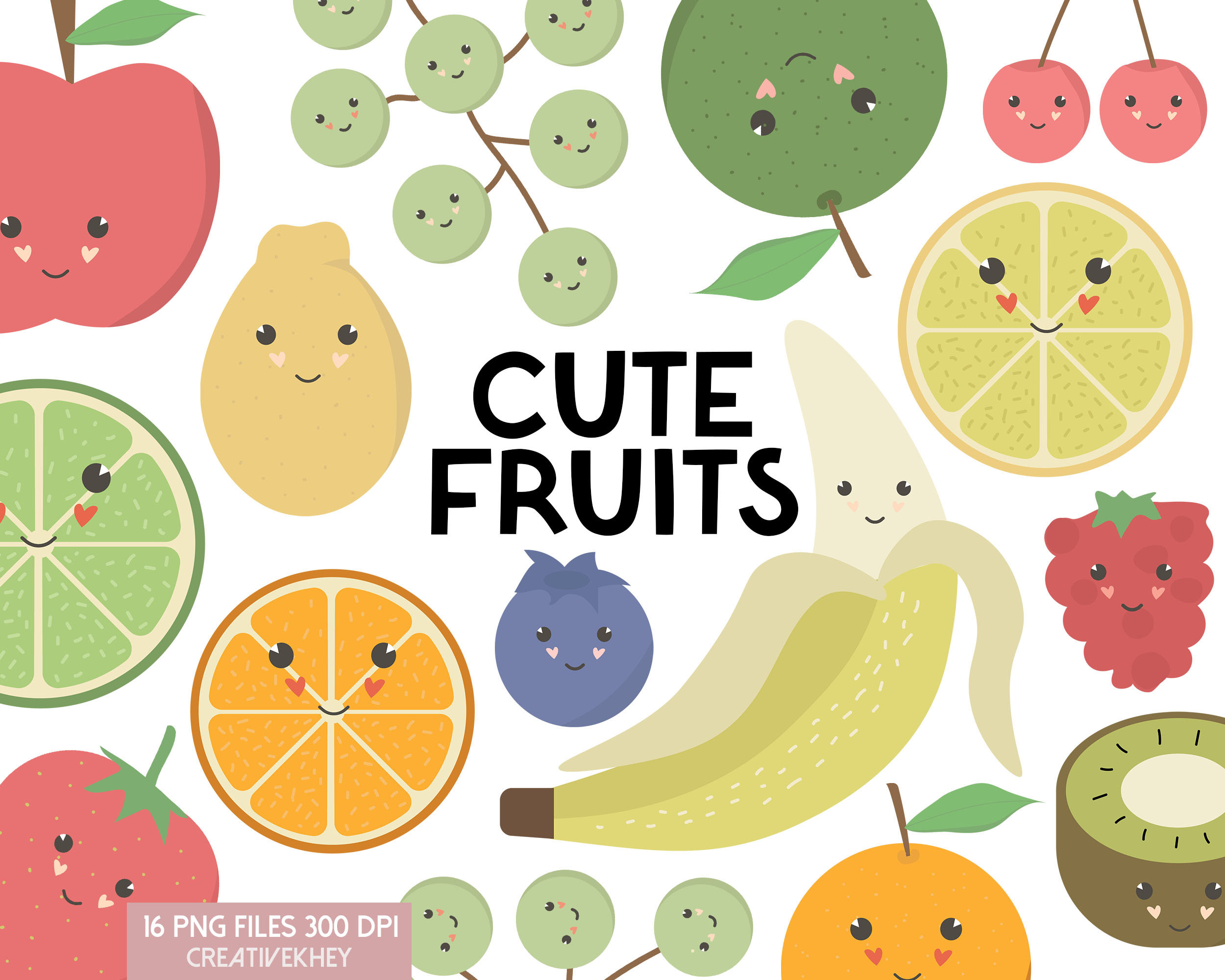 Cute Fruit Clipart, Kawaii Fruit Clipart, Fruit PNG, Watermelon Clipart ...