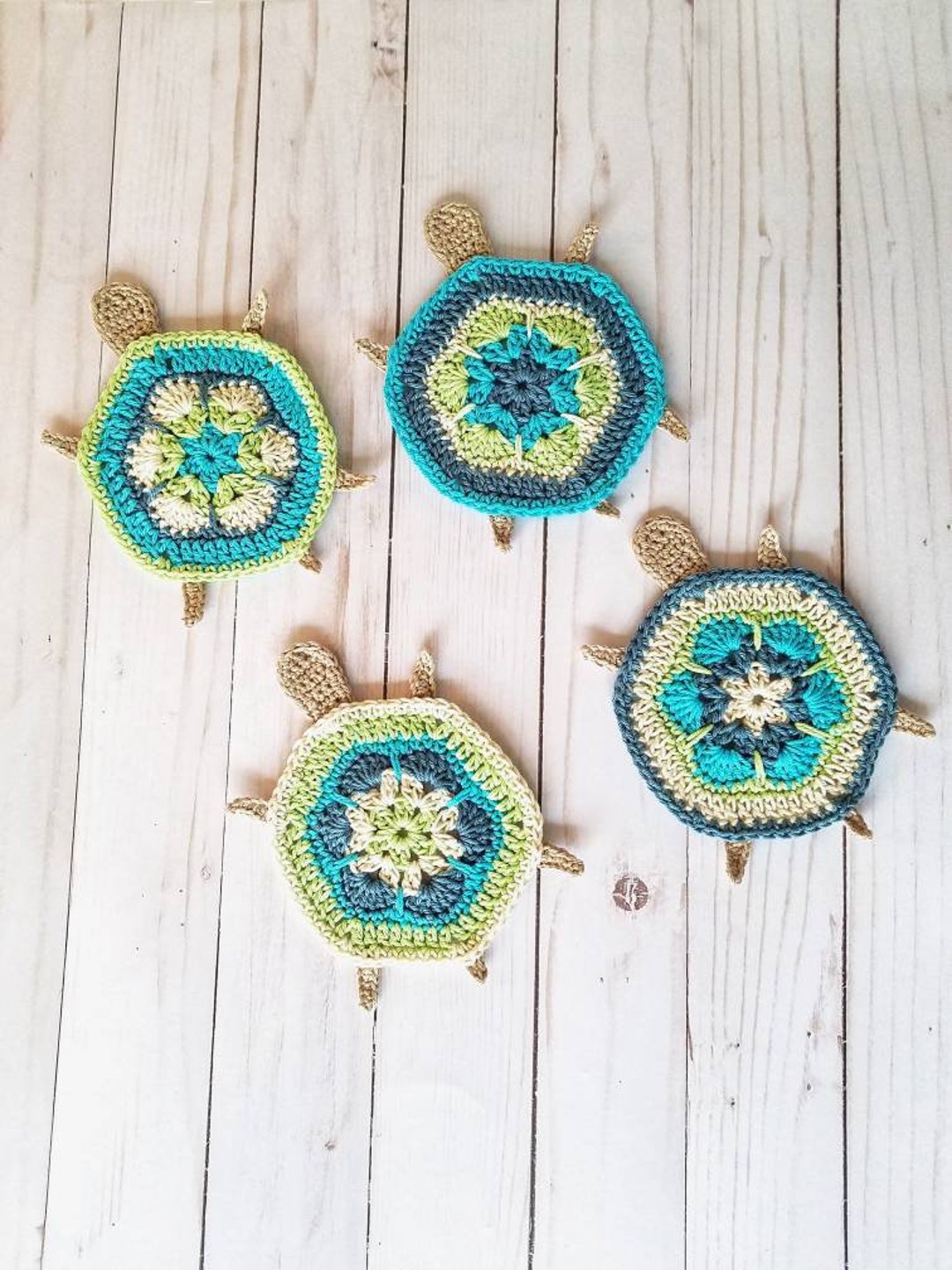 Crochet Turtle Coaster Set of 4, Tropical Turtle Coasters, Seat Turtle ...
