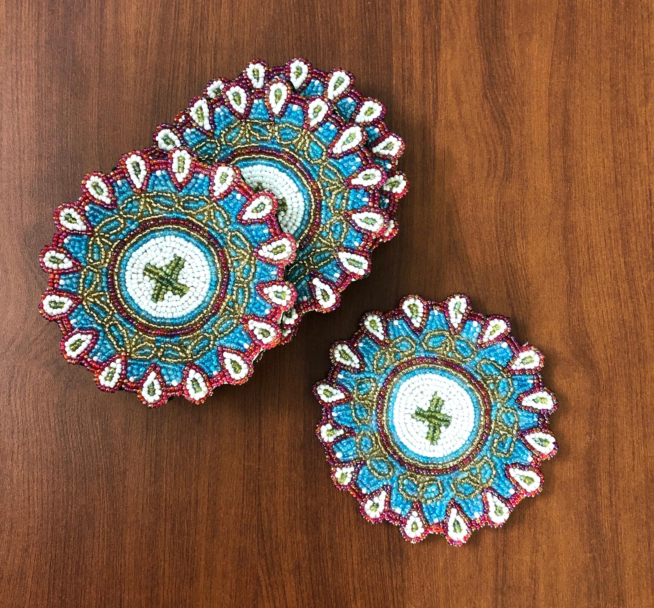 Set of 6 Floral Multi Colored Coasters Handmade Beaded - Etsy