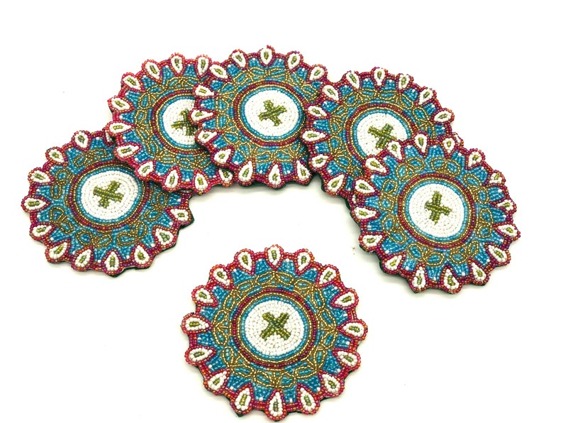 Set of 6 Floral Multi Colored Coasters Handmade Beaded - Etsy