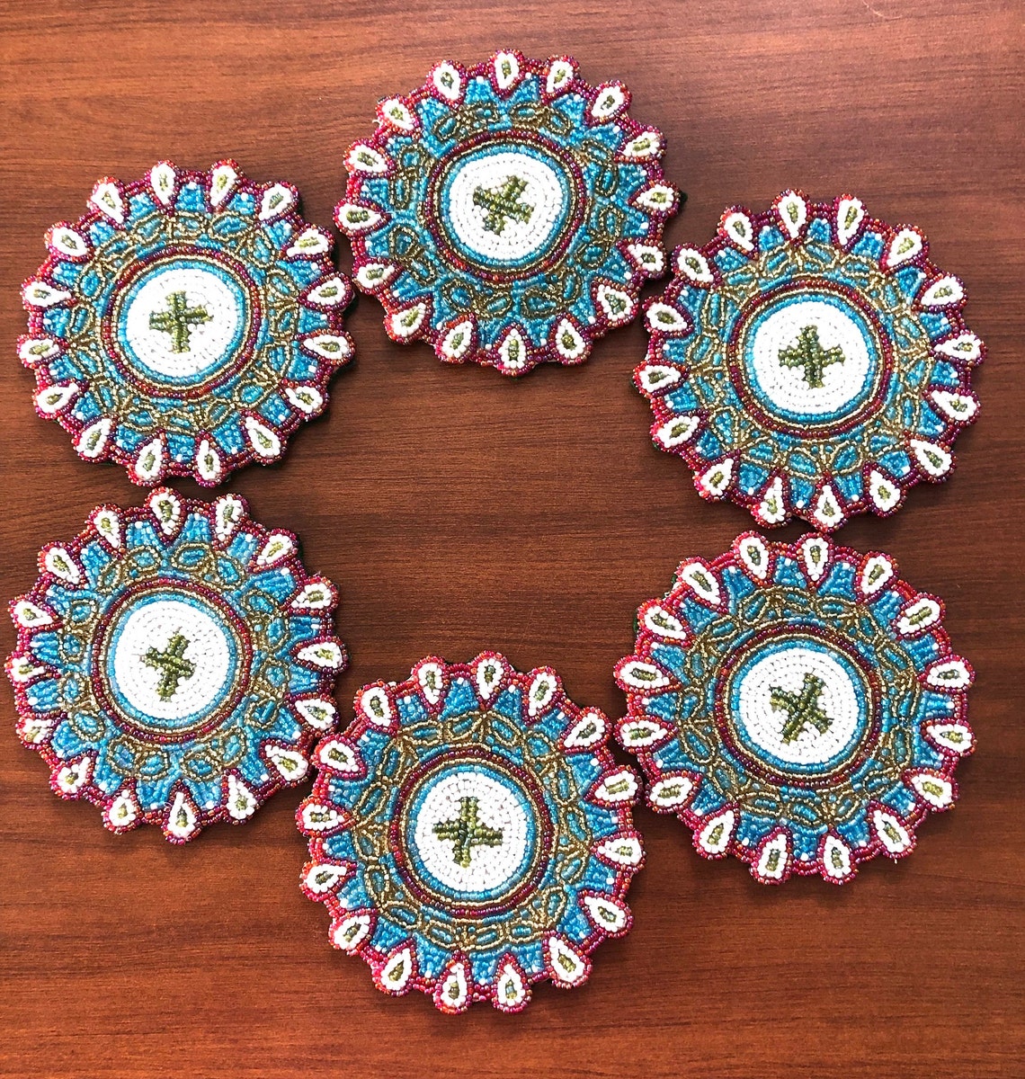 Set of 6 Floral Multi Colored Coasters Handmade Beaded - Etsy