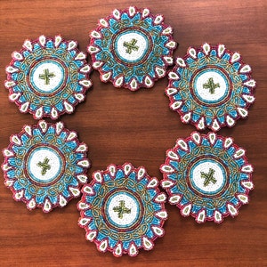 Set of 6 Floral Multi Colored Coasters, Handmade Beaded Coasters ...