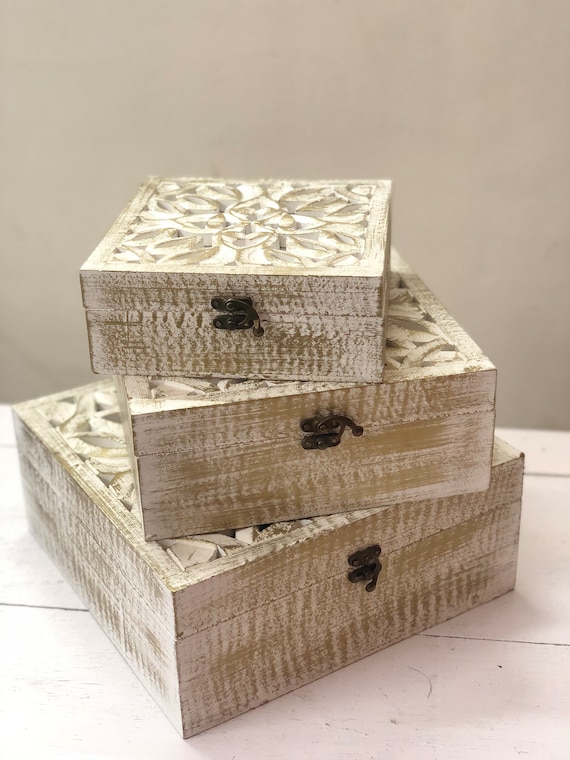 Handmade Hand Carved Wooden Set of 3 Box Floral Motif White Golden Distressed Decorative Storage Box Nesting Boxes Gift Box Keepsake Box Etsy Ireland