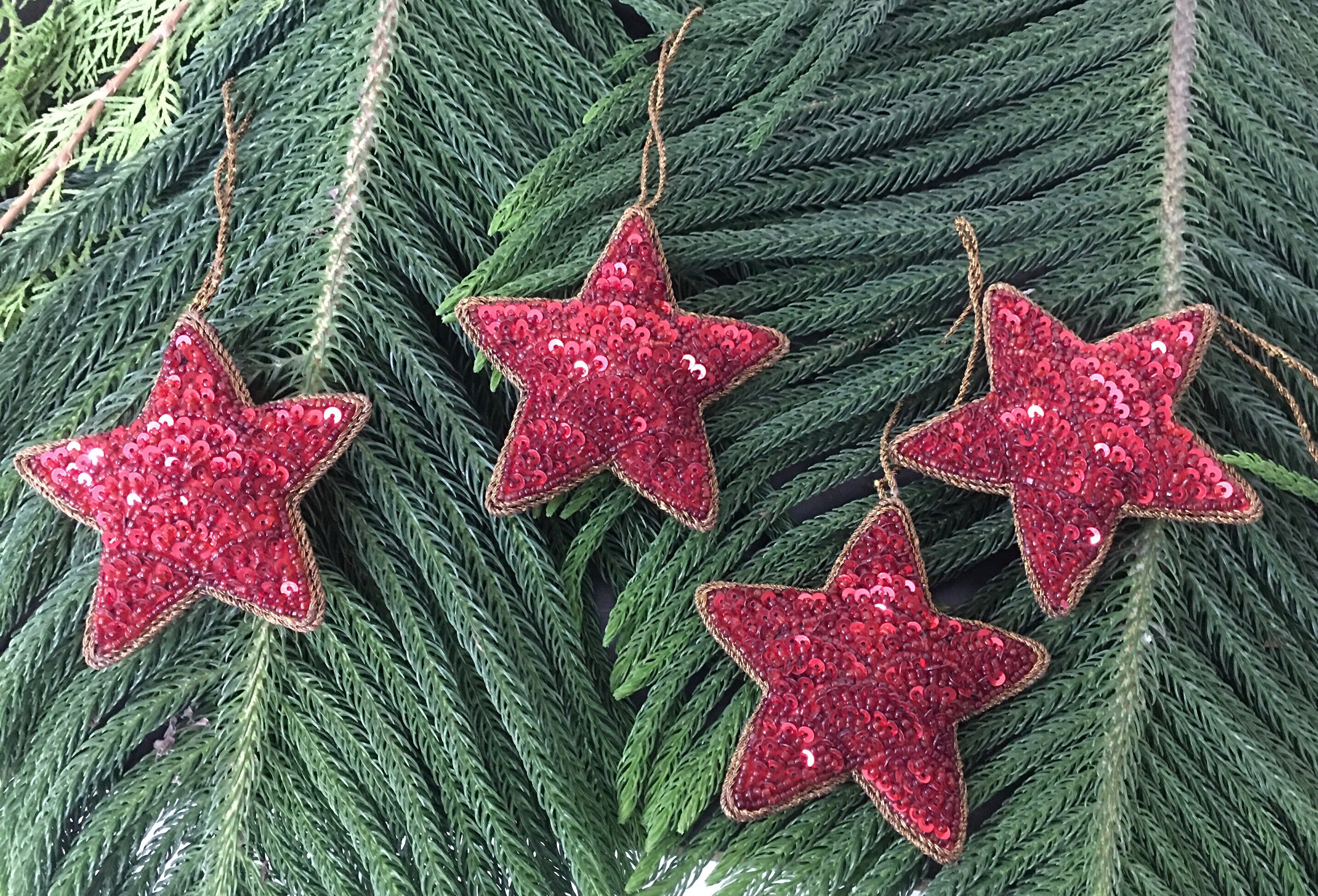 Red Beaded Star Christmas Ornaments: Handmade Holiday Xmas Tree Decor ...