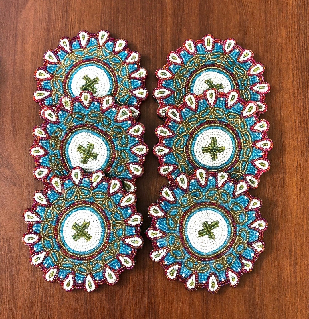 Set of 6 Floral Multi Colored Coasters, Handmade Beaded Coasters ...