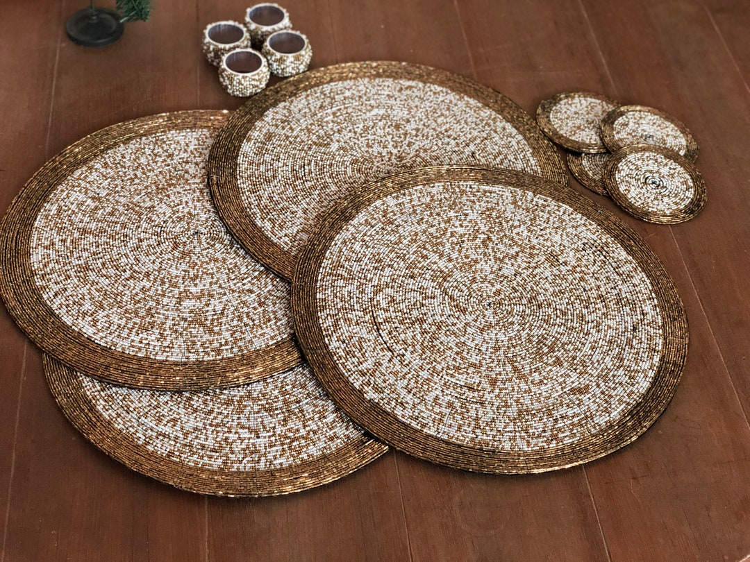 Set of 4/6/10 Antique Gold and White Table Mats, Coasters and Napkin ...