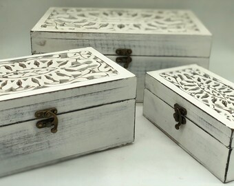 Handmade Hand Carved Wooden Set of 3 Box Floral Motif White | Etsy