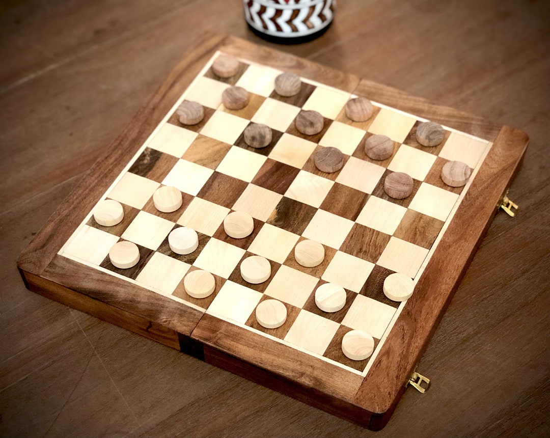 Folding Wooden Checkers Set: Magnetic Travel Board, Mango Wood, 14 ...