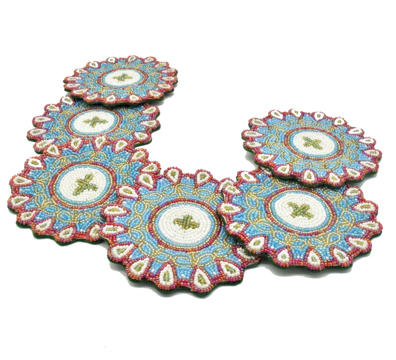 Set of 6 Floral Multi Colored Coasters Handmade Beaded | Etsy