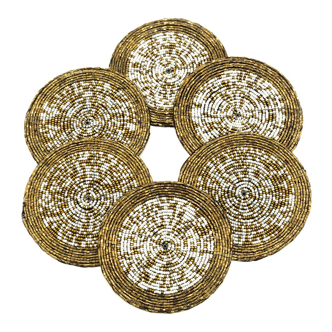 Dark Gold and White Coasters, Set of 6, Handmade Beaded Coasters ...