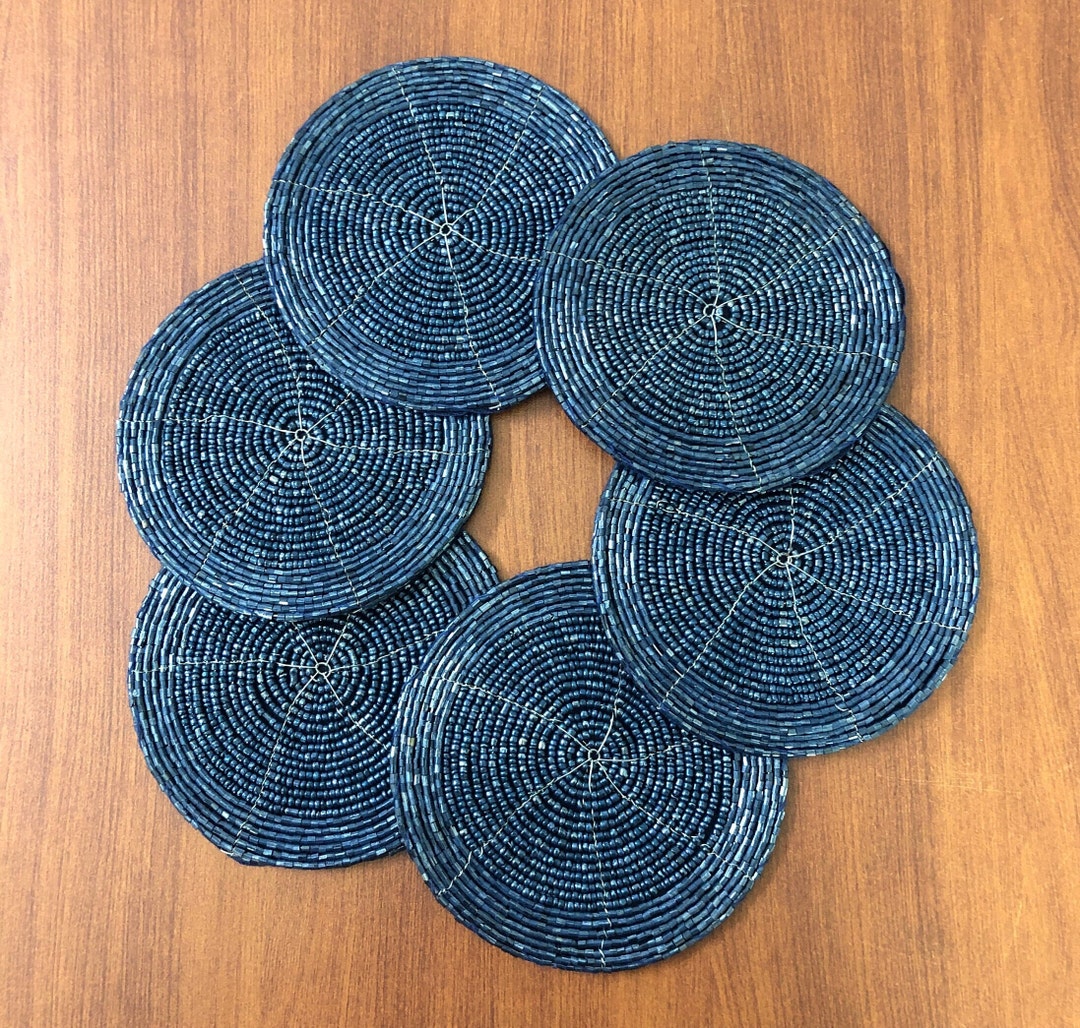 Navy Blue Coasters, Set of 6, Handmade Beaded Cup Glass Coaster ...