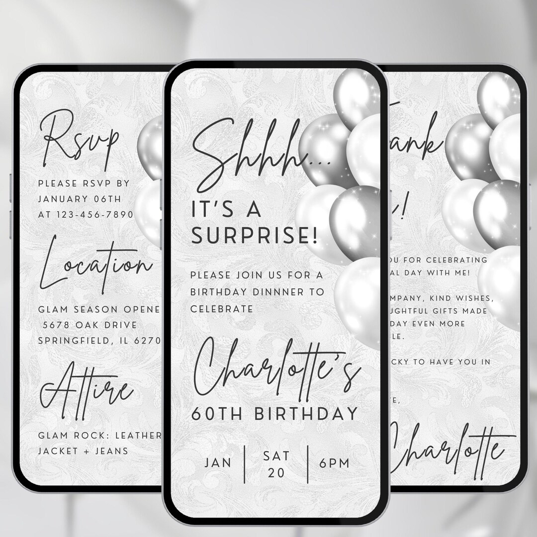 Shh Its a Surprise 70th 60th 50th 40th Birthday Dinner Invite All White ...
