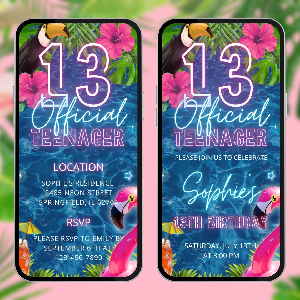 Girls 13th Birthday Pool Party Invite Luau Tropical Summer Teenage Swim ...