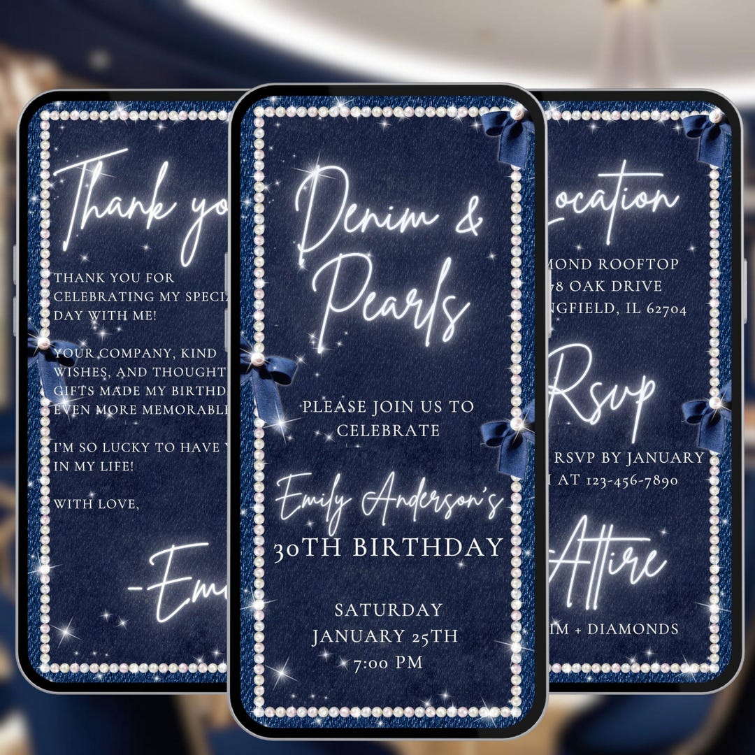 Blue Jeans and Bling Birthday Party Invite Glam Denim and Pearl 30th ...