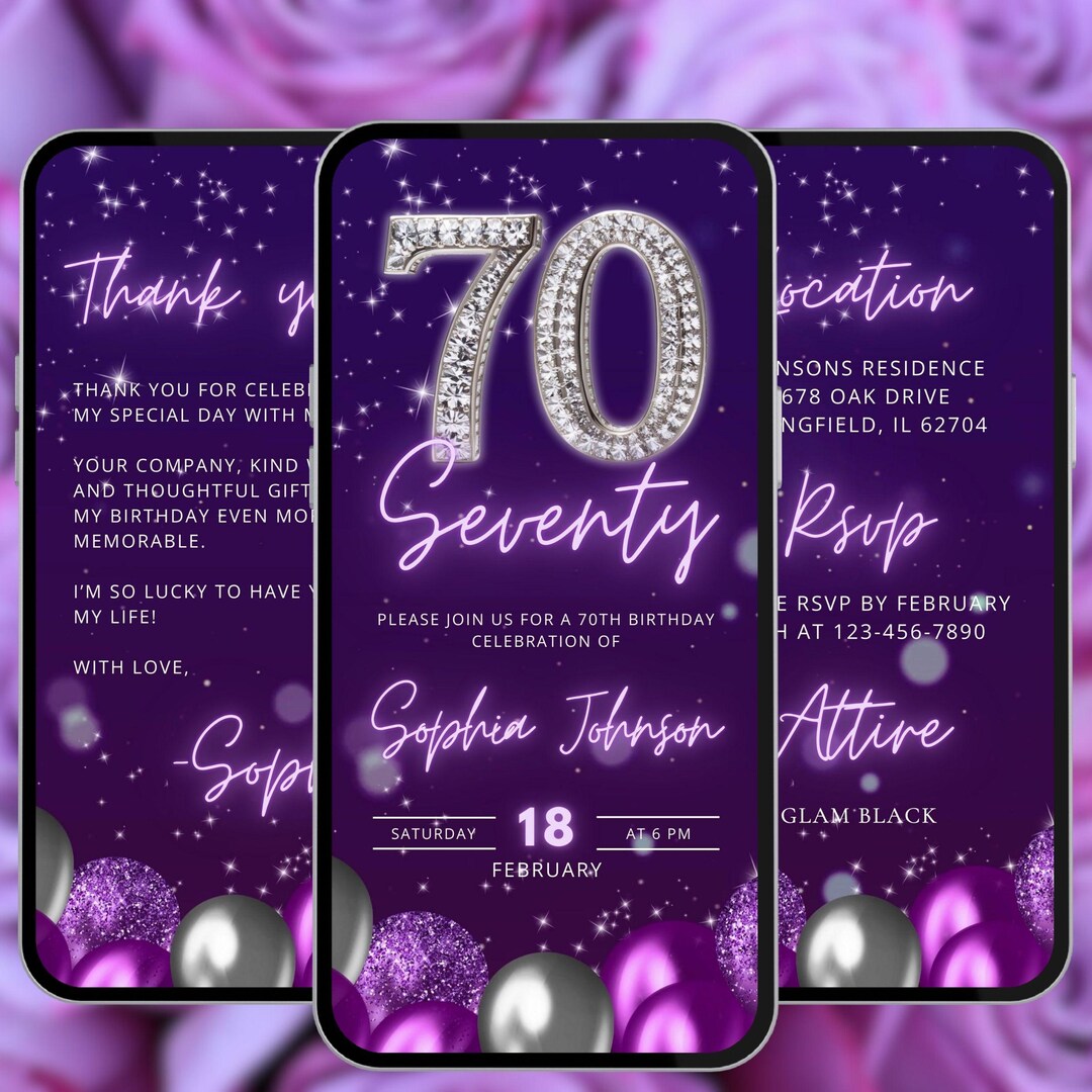 70th Birthday Video Invitation: Diamonds & Glitter, Glam Party Evite (canva Template, Digital ...