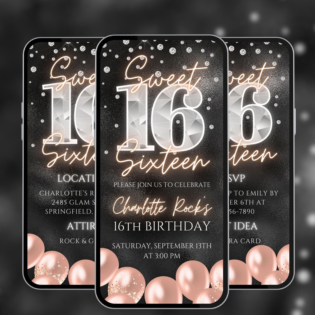 Sweet Sixteen Birthday Invitation Pink Balloon Diamond Animated 16th ...