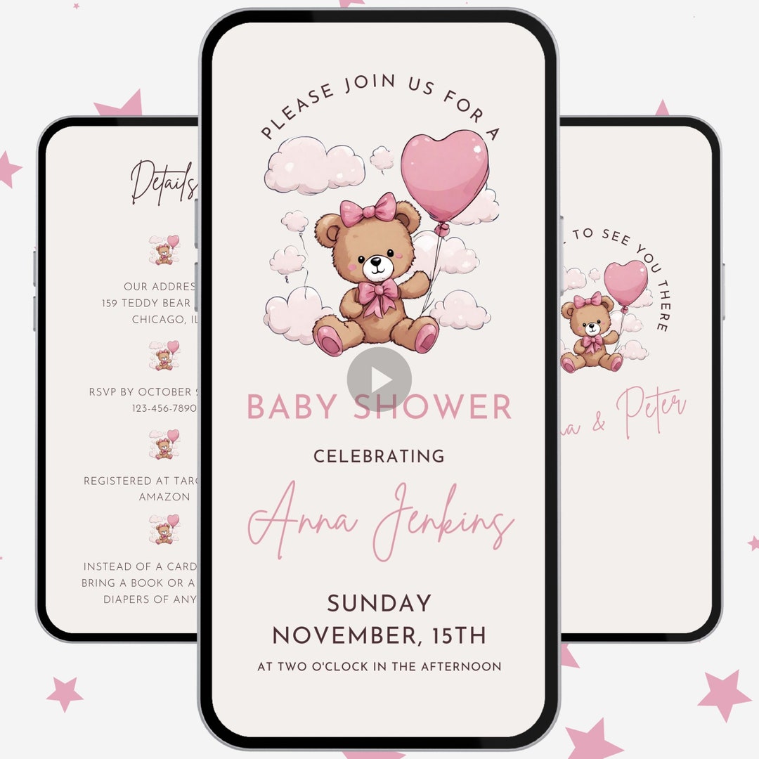 Girl Baby Shower Animated Video Invite, Balloon Bear Theme Editable ...