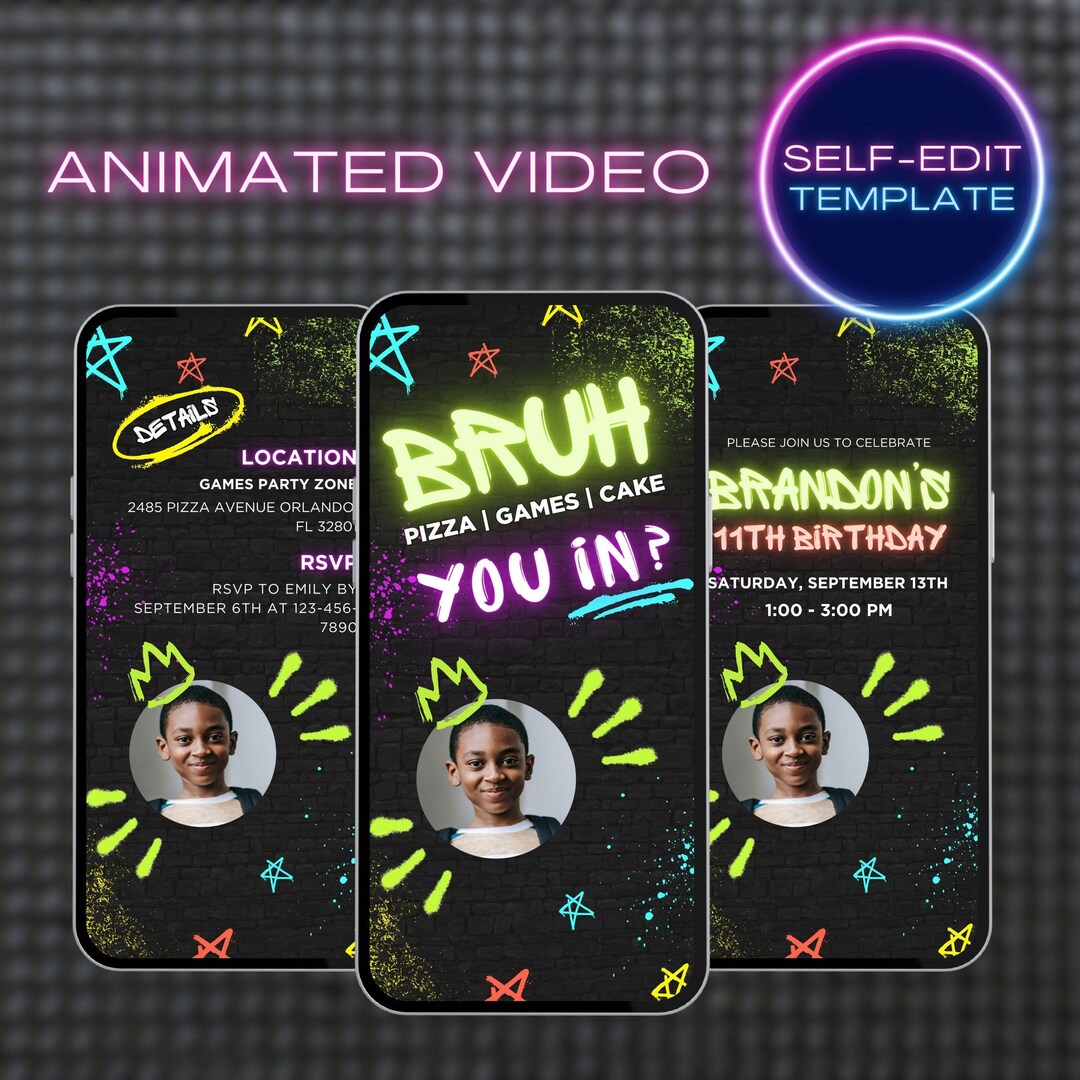 Bruh Invite 11th Birthday Party Graffiti Video Evite Neon Glow 10th ...