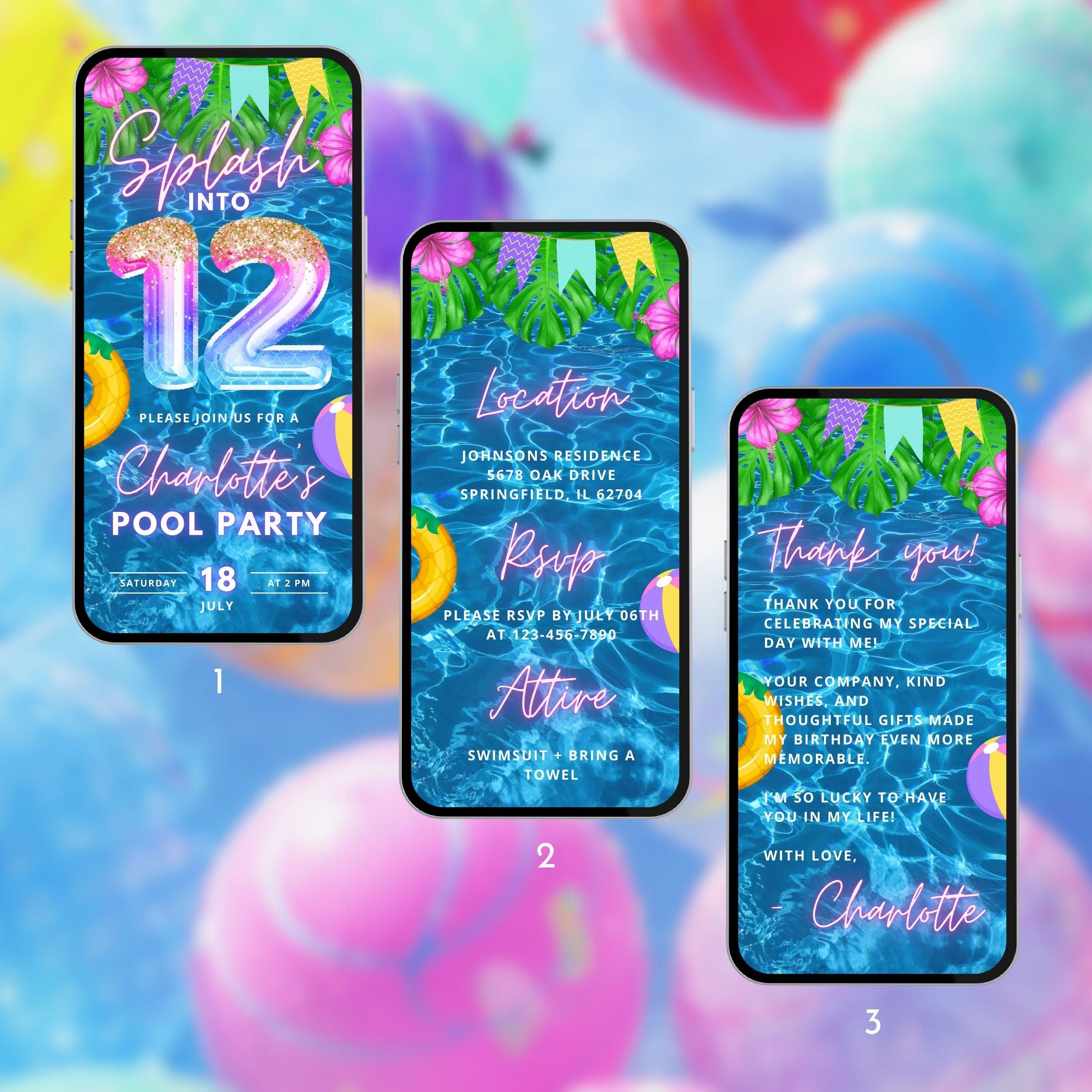 Girl 12th Birthday Pool Party Invite Splash Into 12 Tropical Summer ...