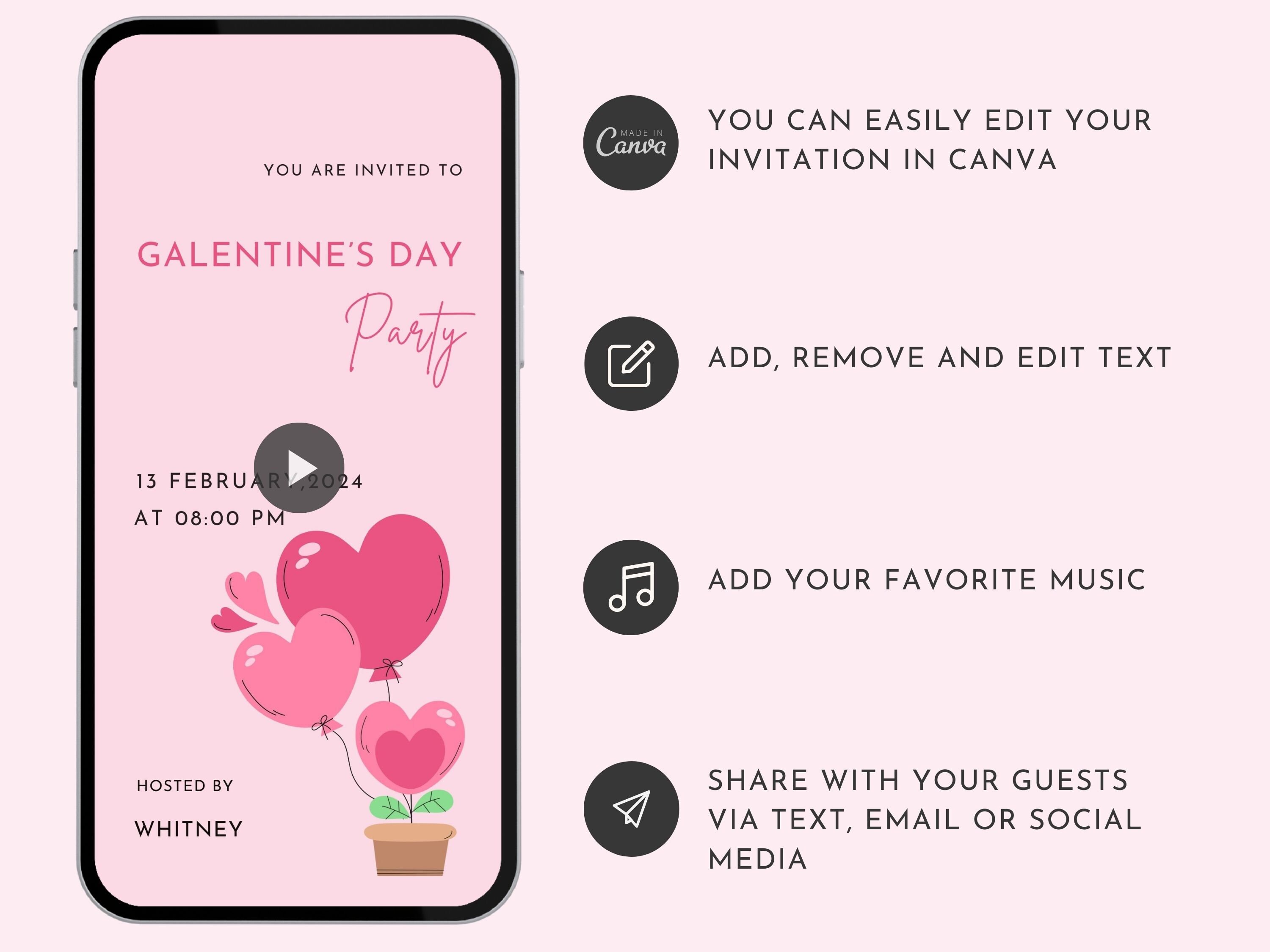 Galentines Day Editable Canva Invitation Template, Pink Phone Invite ...