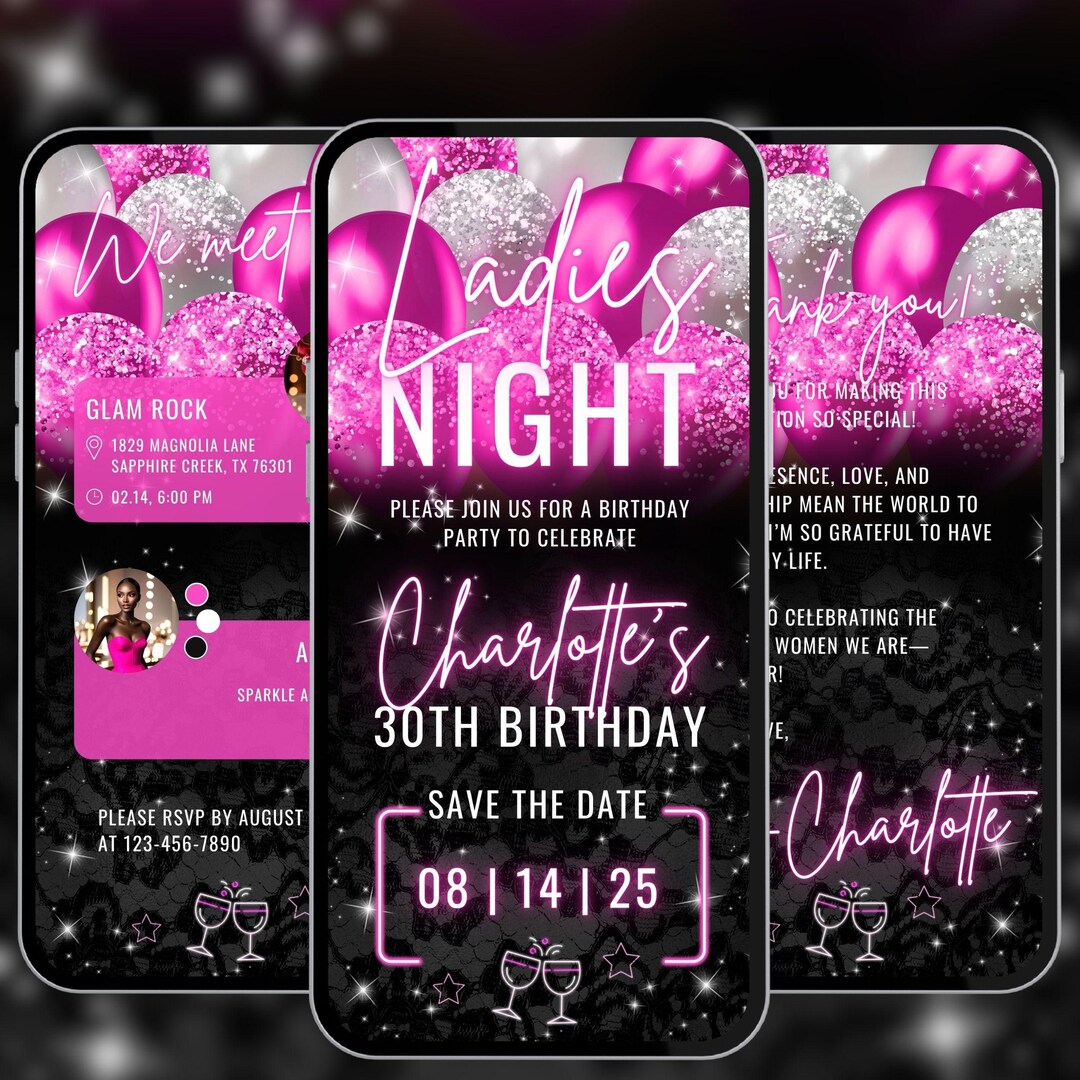Pink Ladies Night Out Birthday Digital Invite, Women Animated ...