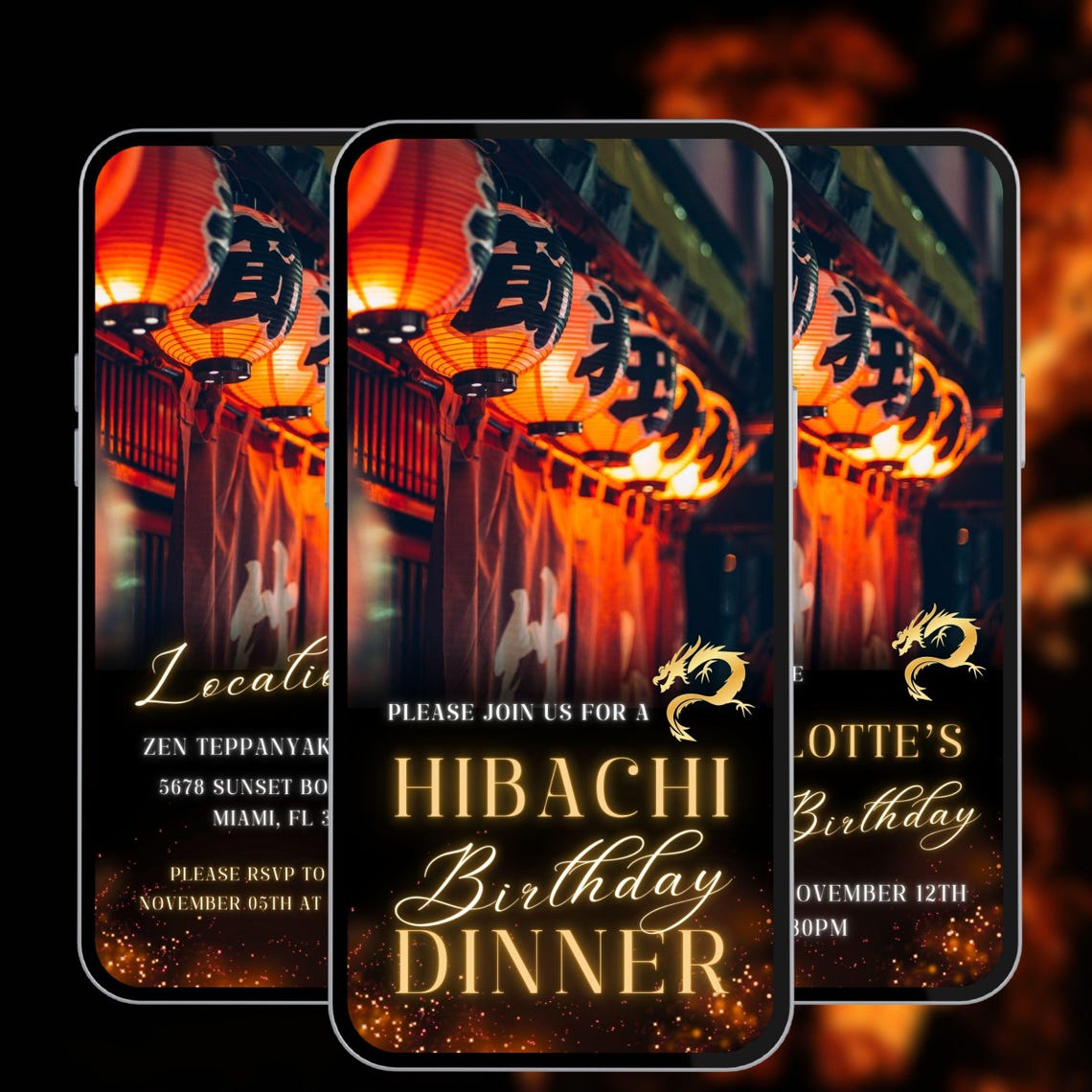 Editable Hibachi Dinner Party Invite Red Glitter Japanese Dinner ...