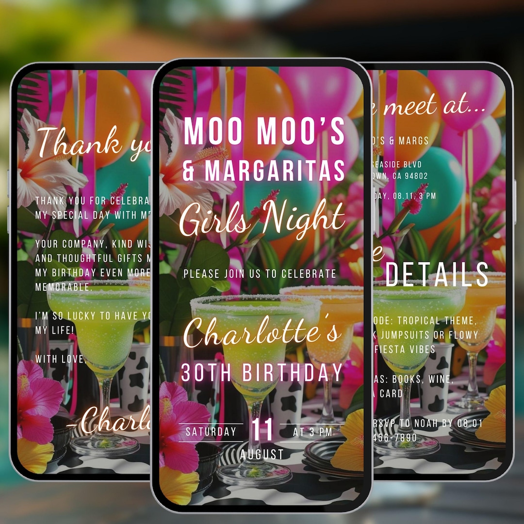 Margaritas Girls Night Birthday Digital Video Evite. Moo Moos Party ...