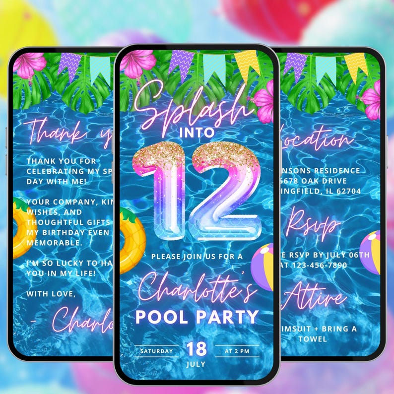 Girl 12th Birthday Pool Party Invite Splash Into 12 Tropical Summer ...