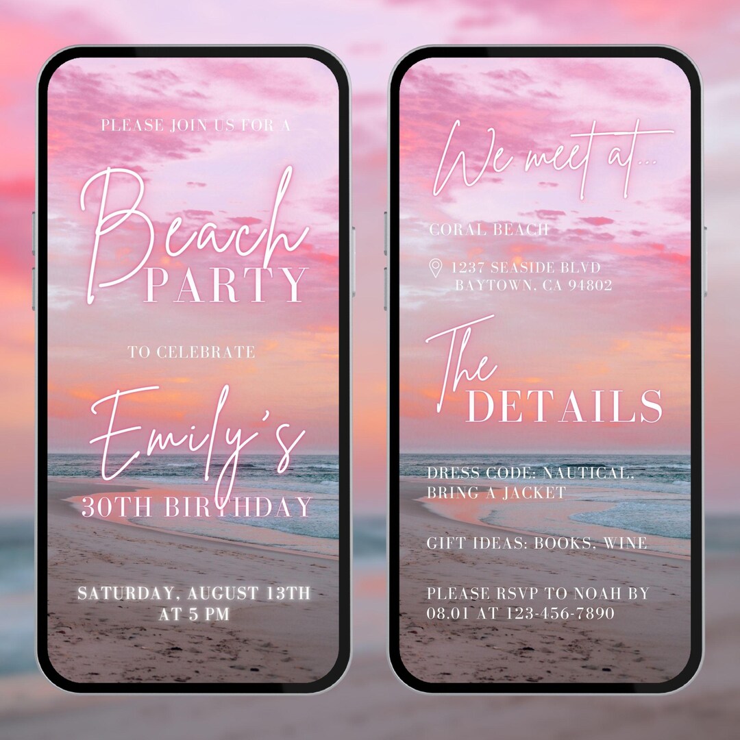 Digital Tropical Beach Party Video Evite Adult Birthday Pink Animated ...