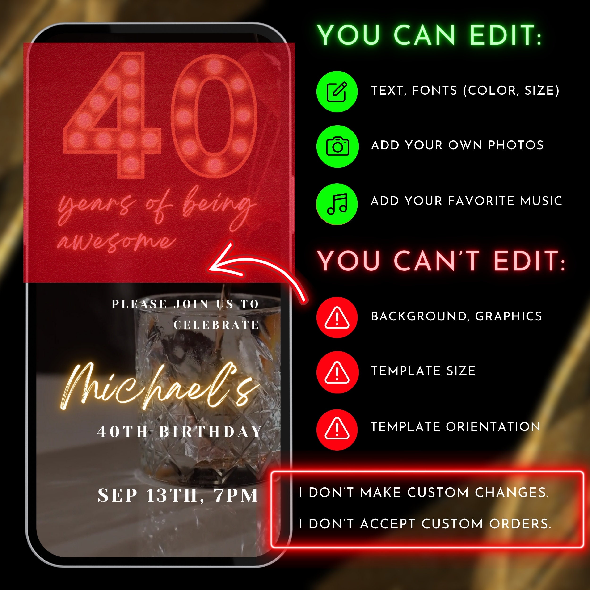 Self Edit Whiskey Digital 40th Birthday Invite Template For Him