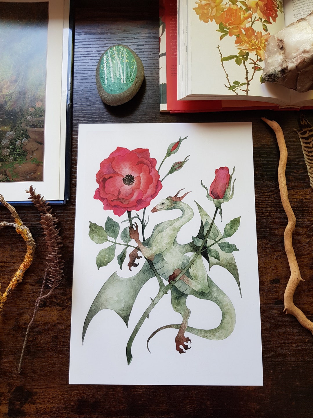 Rose Dragon Watercolour Illustration Giclée Print - Etsy