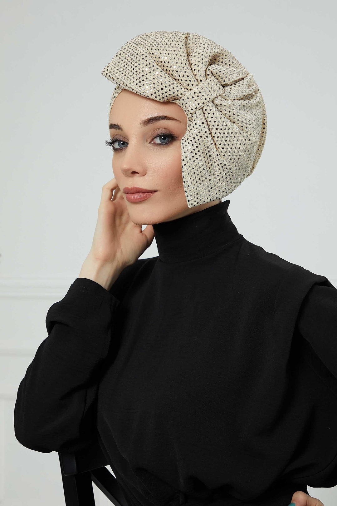 Instant Turban With Bow for Women Gorgeous Look Sequined Head Wrap ...