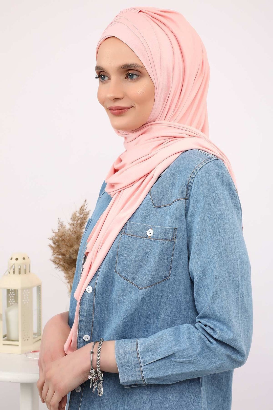Soft Instant Hijab Head Cover, Powder Colour Pre-tied Jersey Shawl for ...