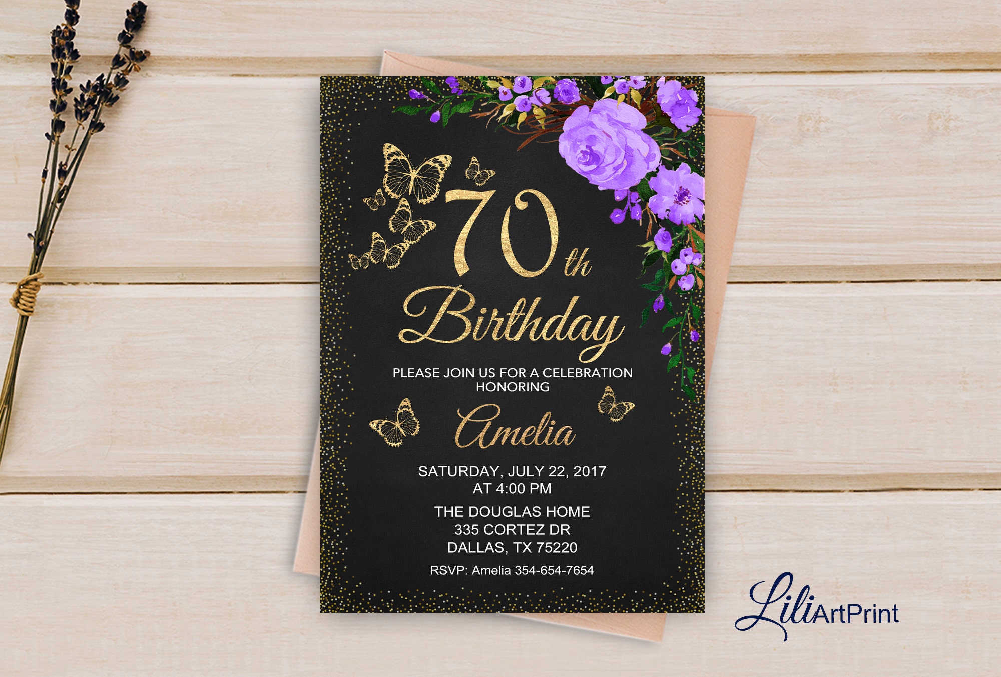 70th Birthday Invitation Floral Purple Birthday Invitation Etsy Uk