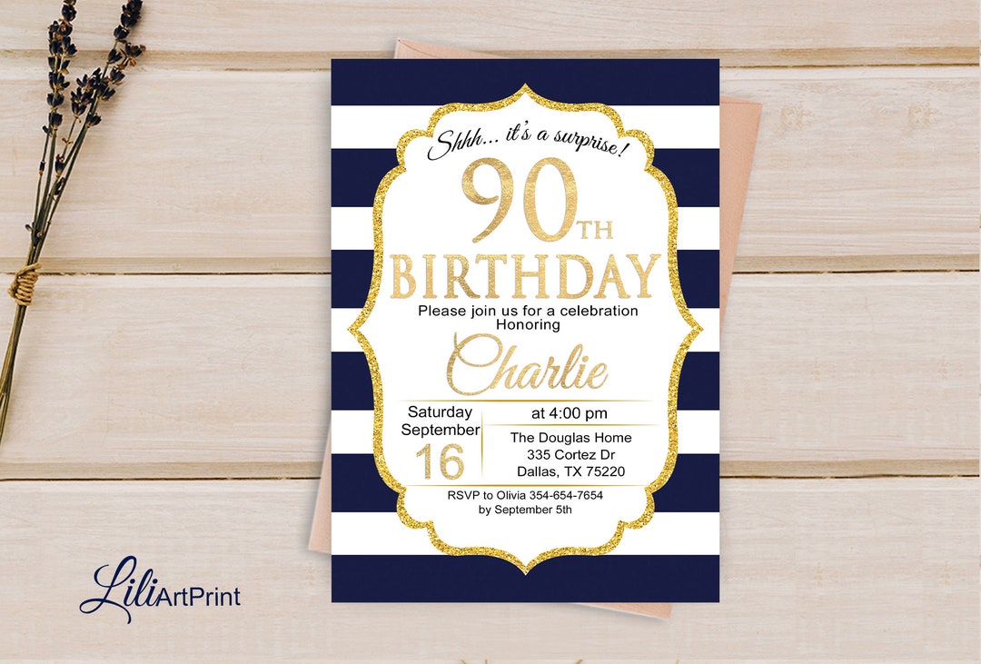 90th Birthday Invitation Navy Invite Gold Birthday - Etsy