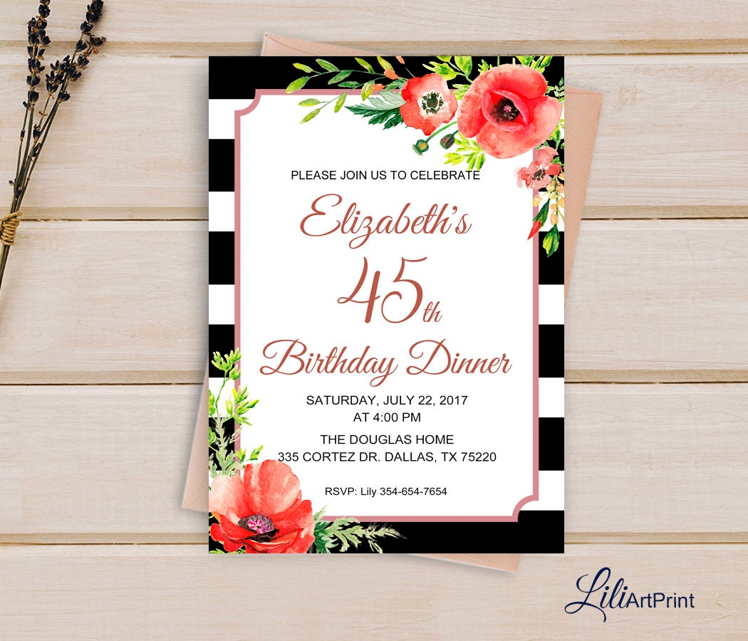 45th Birthday Invitation Floral Birthday Invitation Any Age Etsy