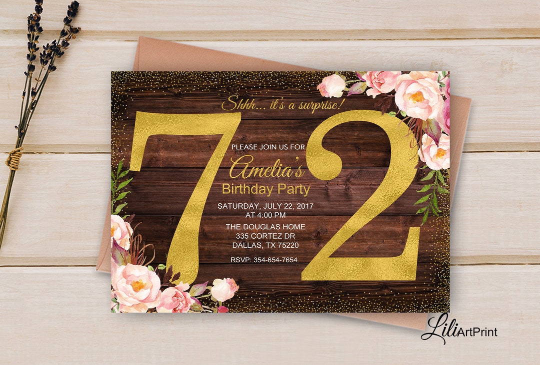 72nd Birthday Invitation, Gold Invitation, Gold Glitter Birthday Invite ...