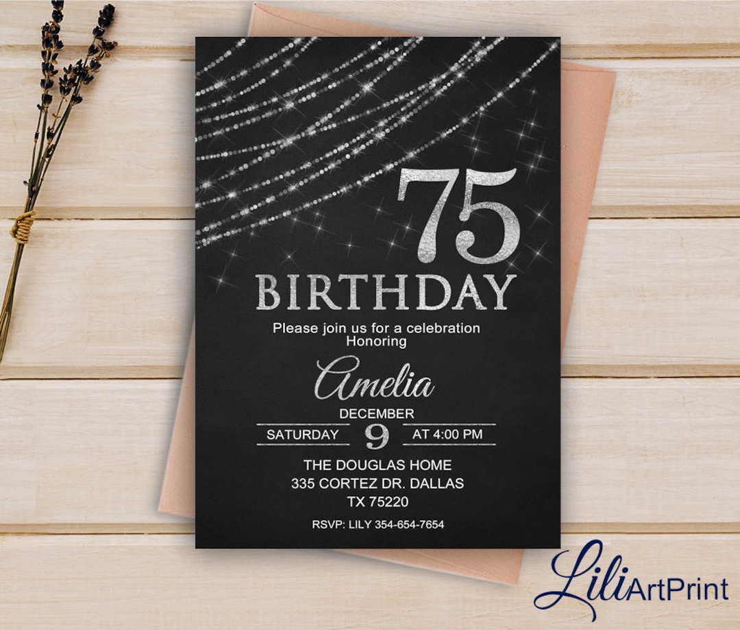 75th Birthday Invitation, Silver Invitation, Silver Glitter Birthday ...