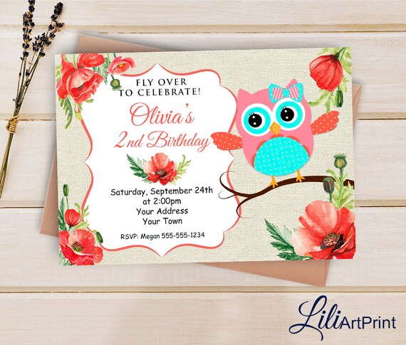 Owl Invitation Owl Birthday Invitation Owl Invite Red Poppy - Etsy