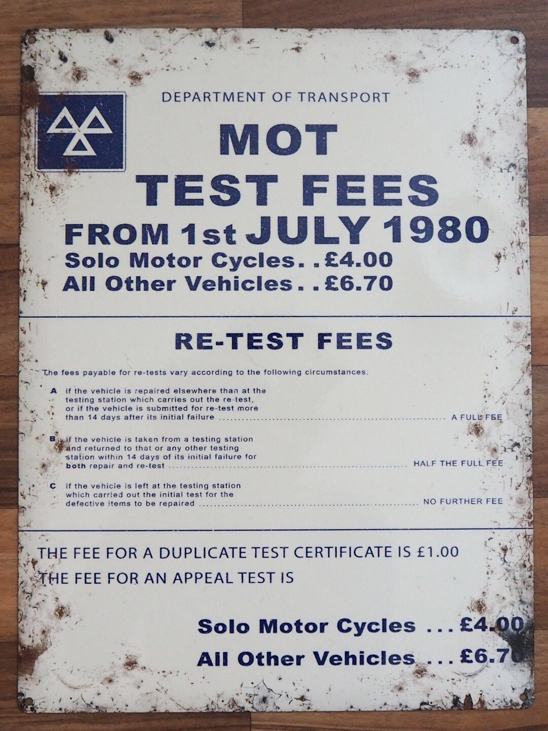 MOT Test Fees 1980 Large Tin Sign British Classic Car Lover Gift ...