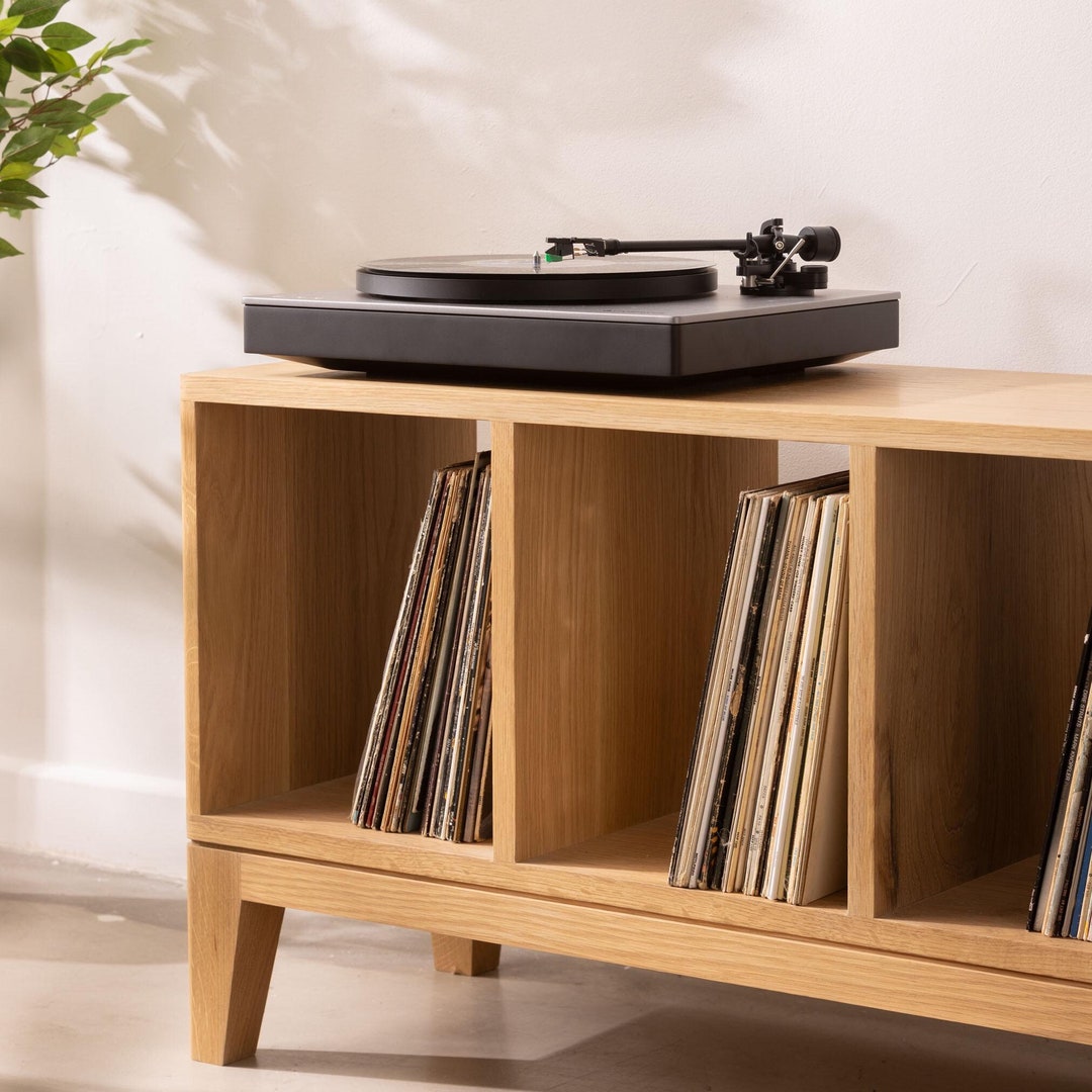Handcrafted Mid-century Solid Oak Vinyl Record Cabinet – Stylish Turntable & Record Storage ...