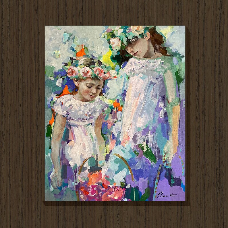 TWO GIRLS With FLOWERS Original Oil Painting on 30x24 Canvas by Dima K ...