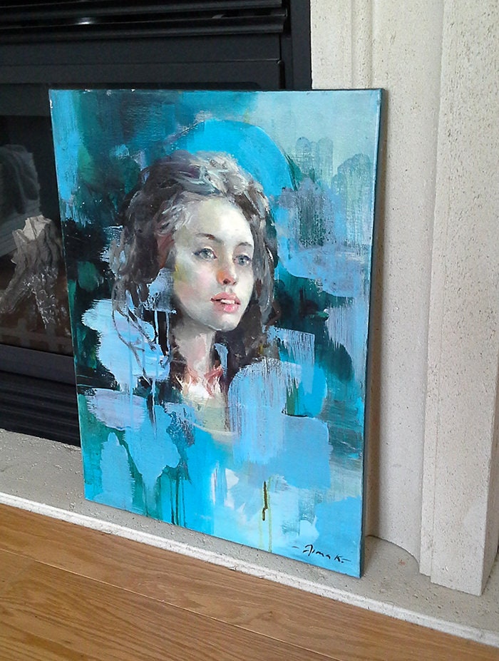 GIRL PORTRAIT in BLUE Tones Original Oil Painting on 24x18 - Etsy