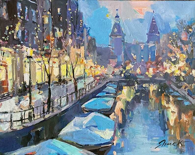 AMSTERDAM CITY NIGHT Original Painting on 16x20 Canvas by Dima K Street ...